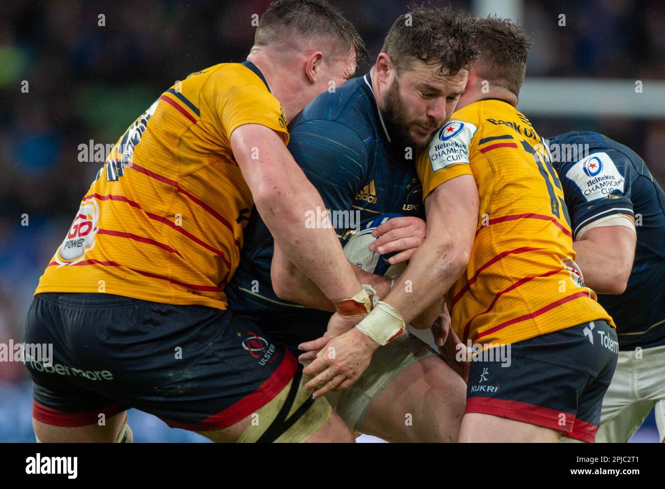 Dublin, Ireland. 01st Apr, 2023. Robbie Henshaw of Leinster tackled by ...