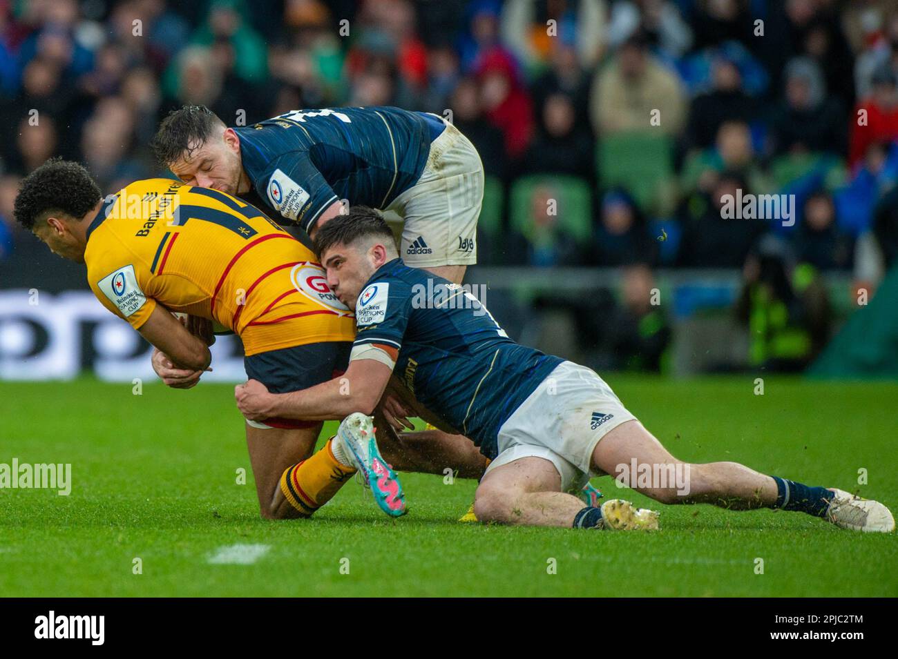 Dublin, Ireland. 01st Apr, 2023. Rob Baloucoune of Ulster tackled by ...