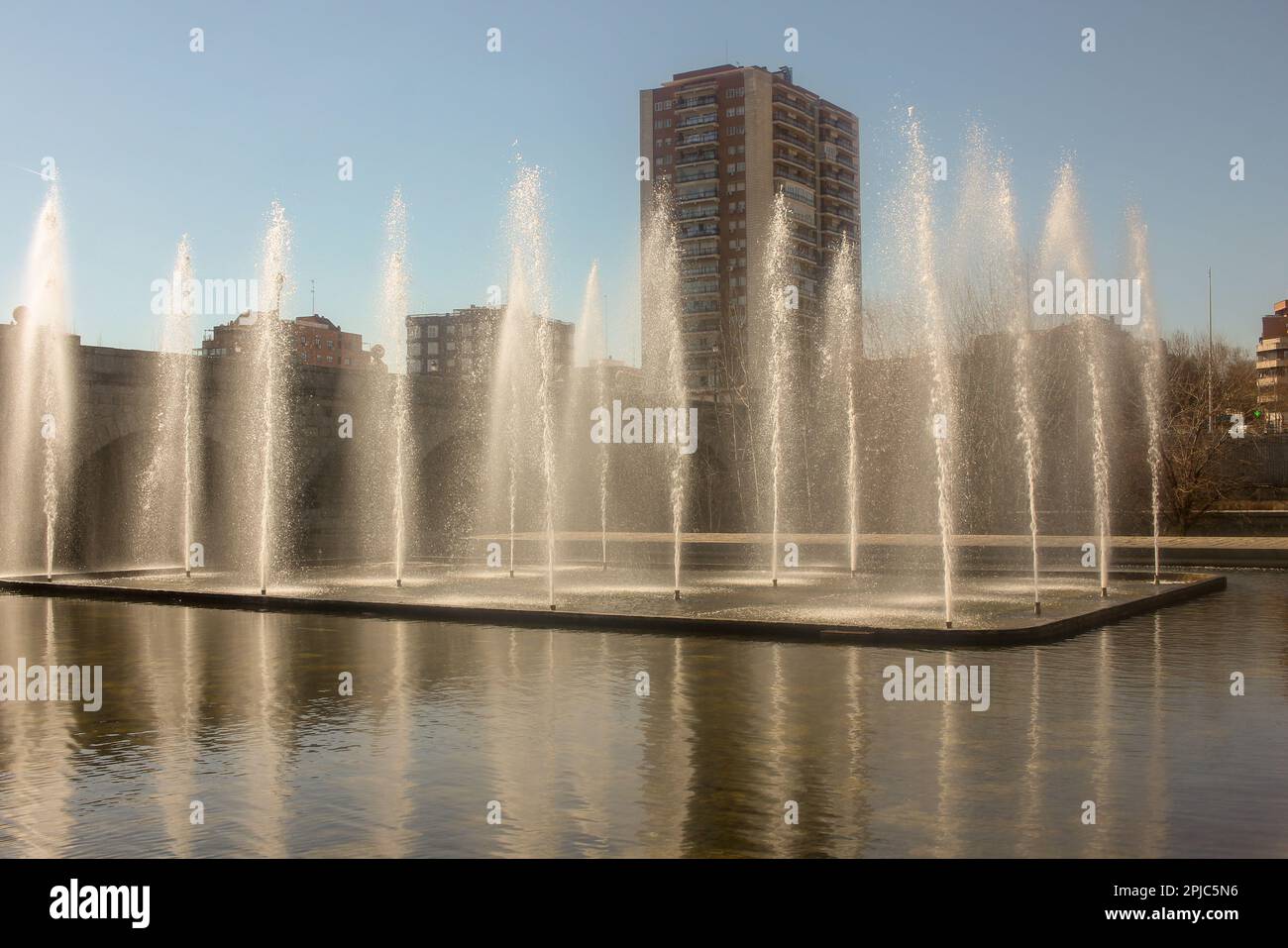 fountains are an atraction in river Manzanares in Madrid, the capital ...