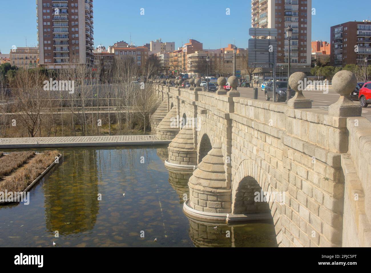 historical bridge over river Manzanares in Madrid, the capital of Spain ...