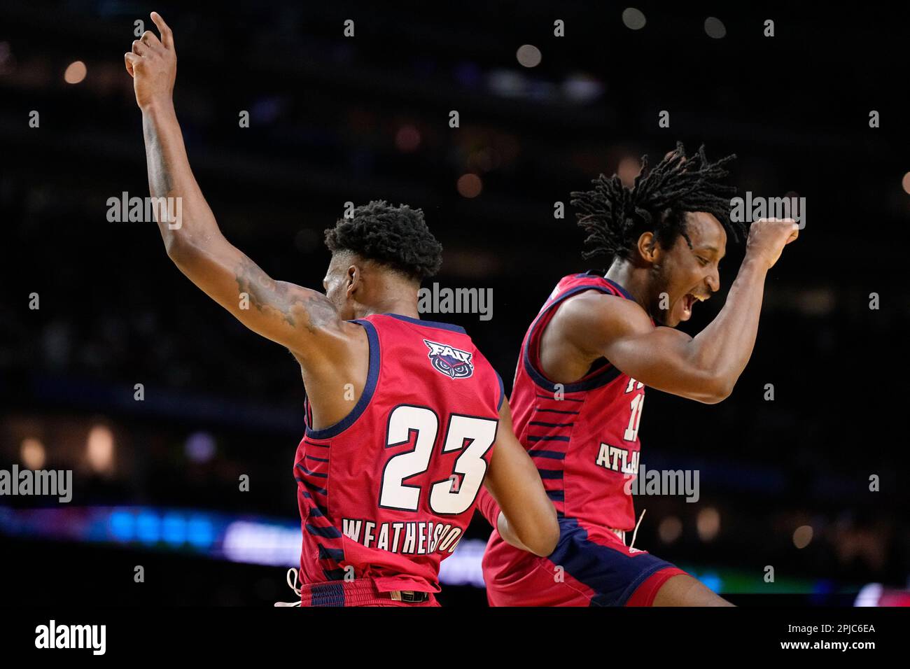 Florida Atlantic guard Brandon Weatherspoon, left, and guard Michael ...
