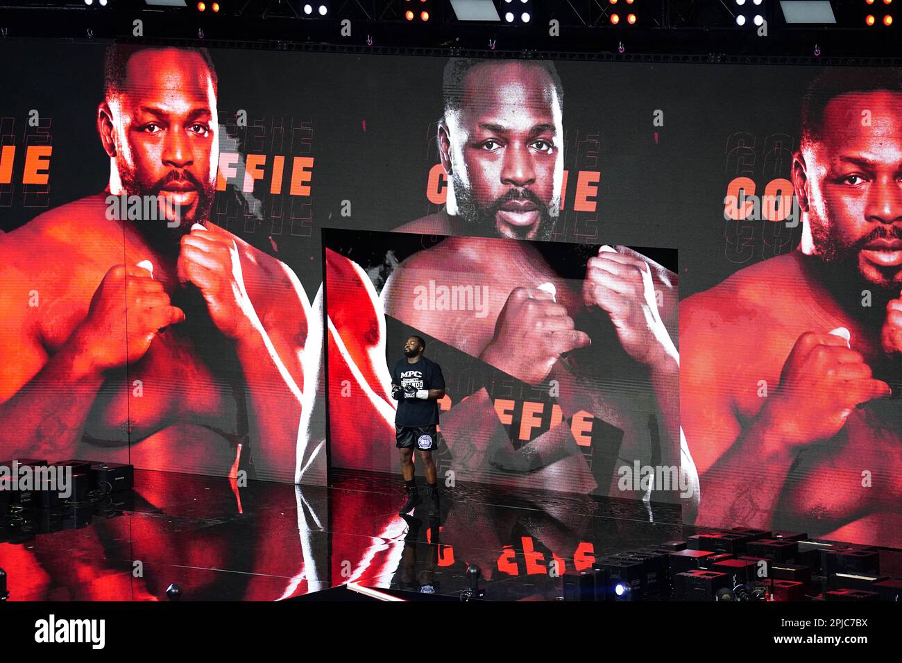 Michael Polite-Coffie makes his way to the ring ahead of the vacant WBA ...