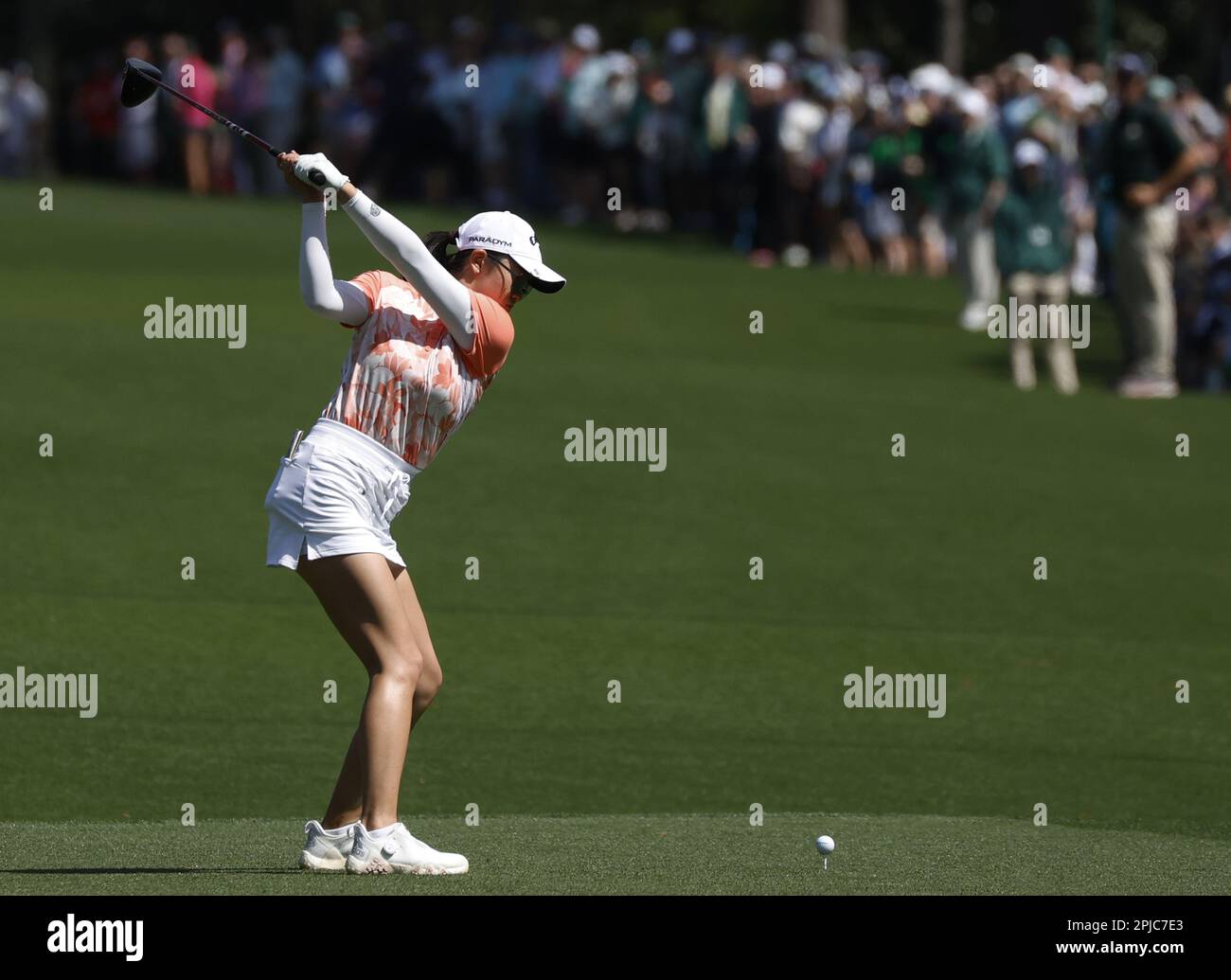 Augusta, United States. 01st Apr, 2023. Rose Zhang hits her tee shot on ...