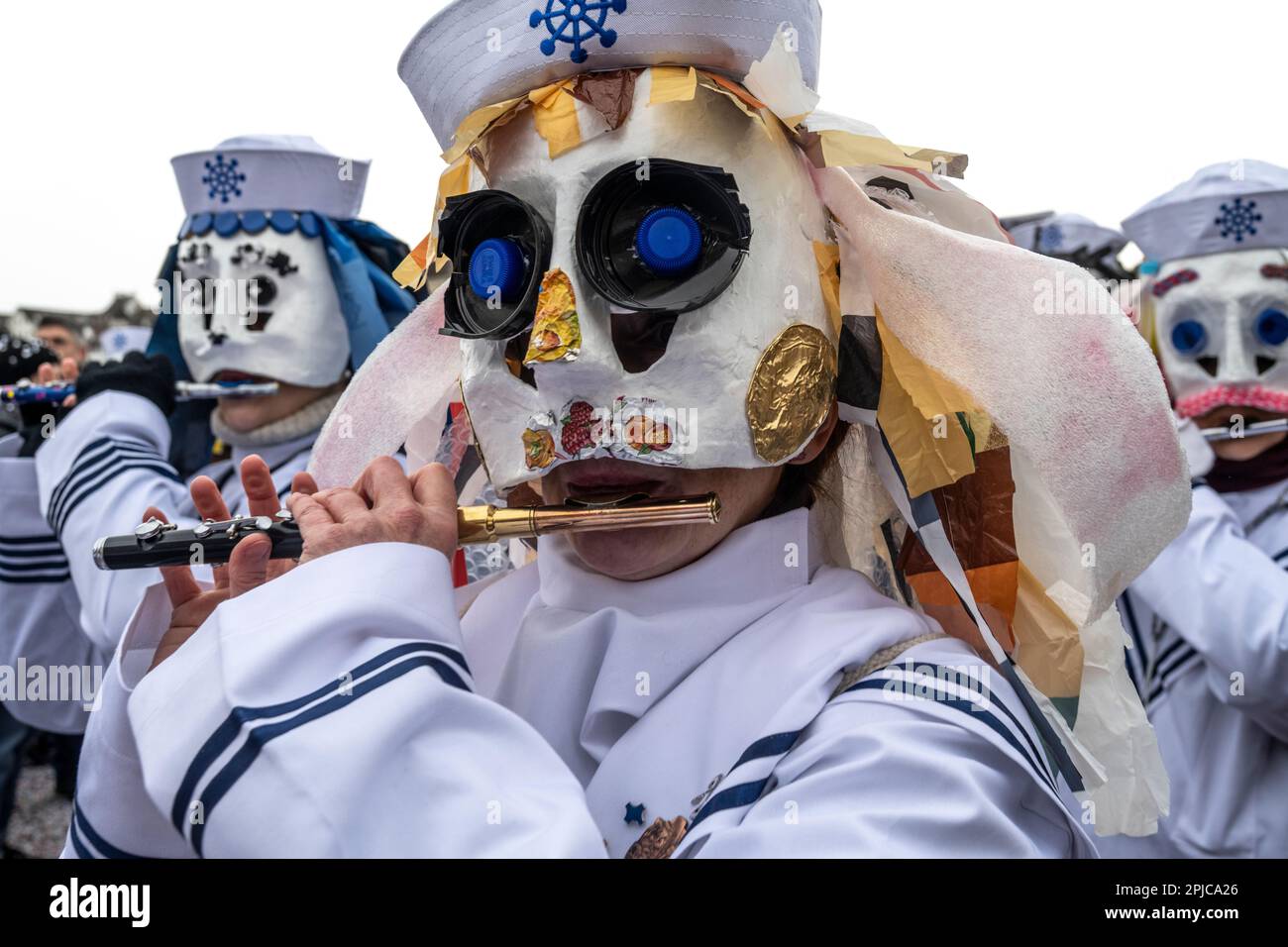 Piccolo player with funny sailor mask at the Basel Switzerland Carnival ...