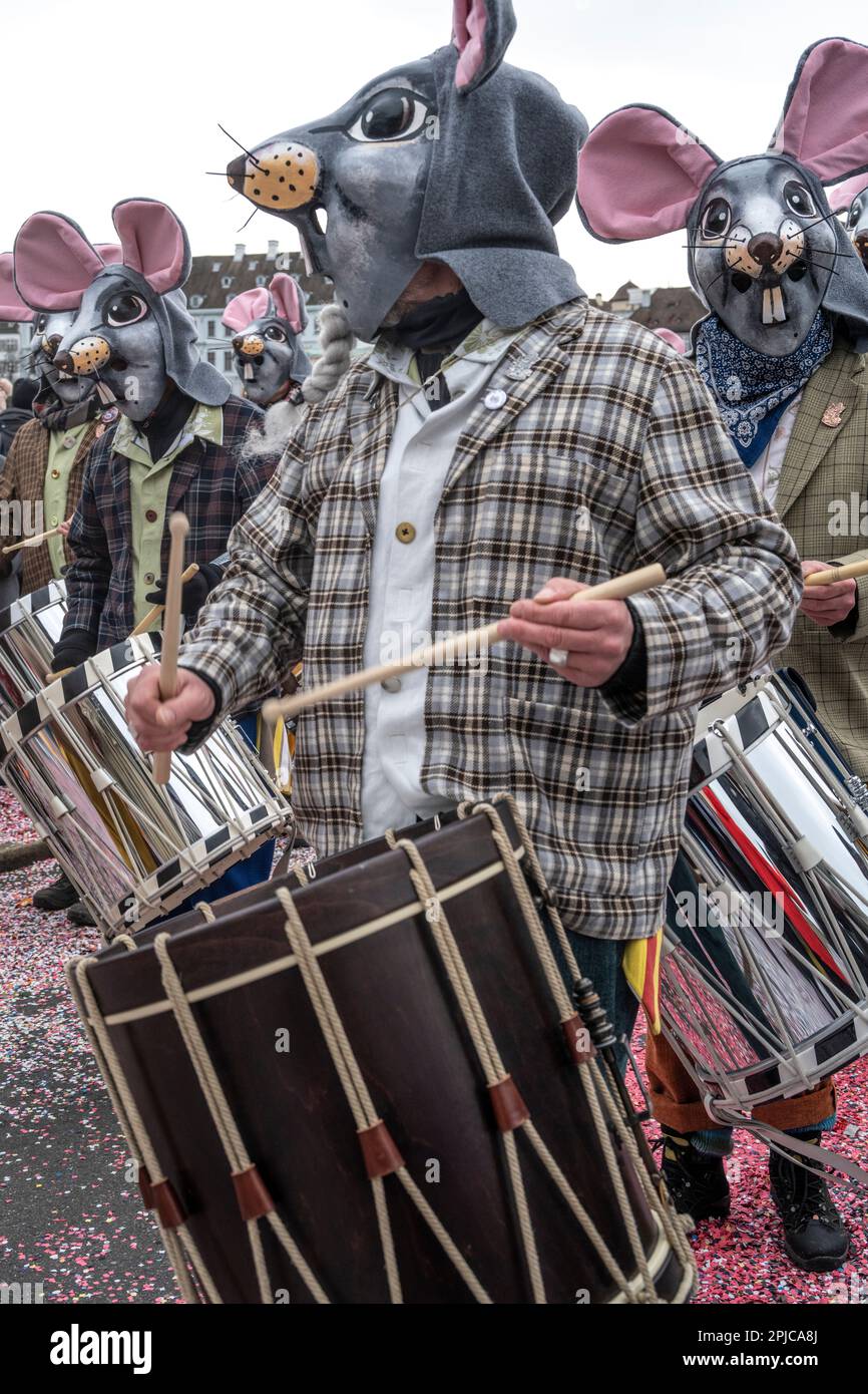 mice mask drummers at the Basel Switzerland Carnival or Fasnacht parade ...