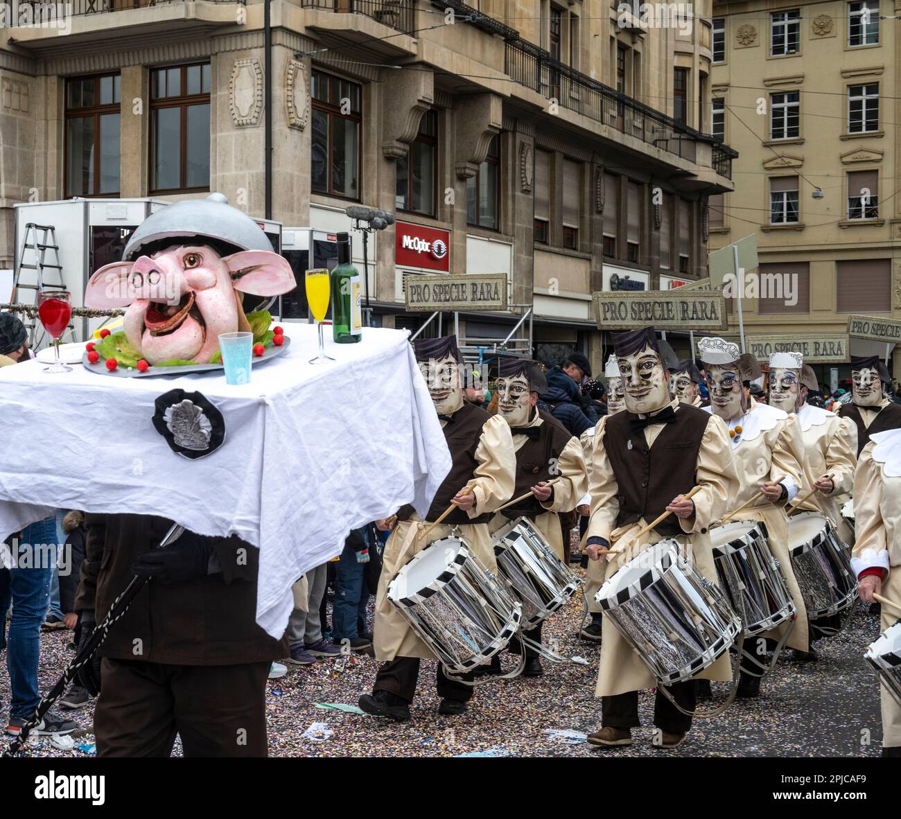 waiter costumes at the Basel Switzerland Carnival or Fasnacht parade ...