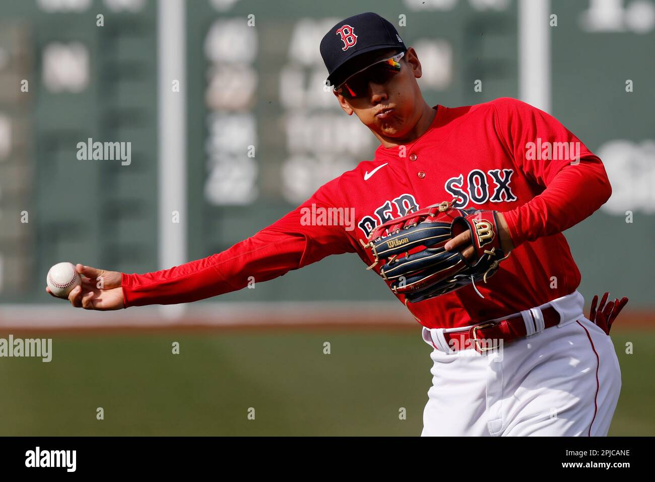 Boston Red Sox's Masataka Yoshida warms up before a baseball game against the Baltimore Orioles ...