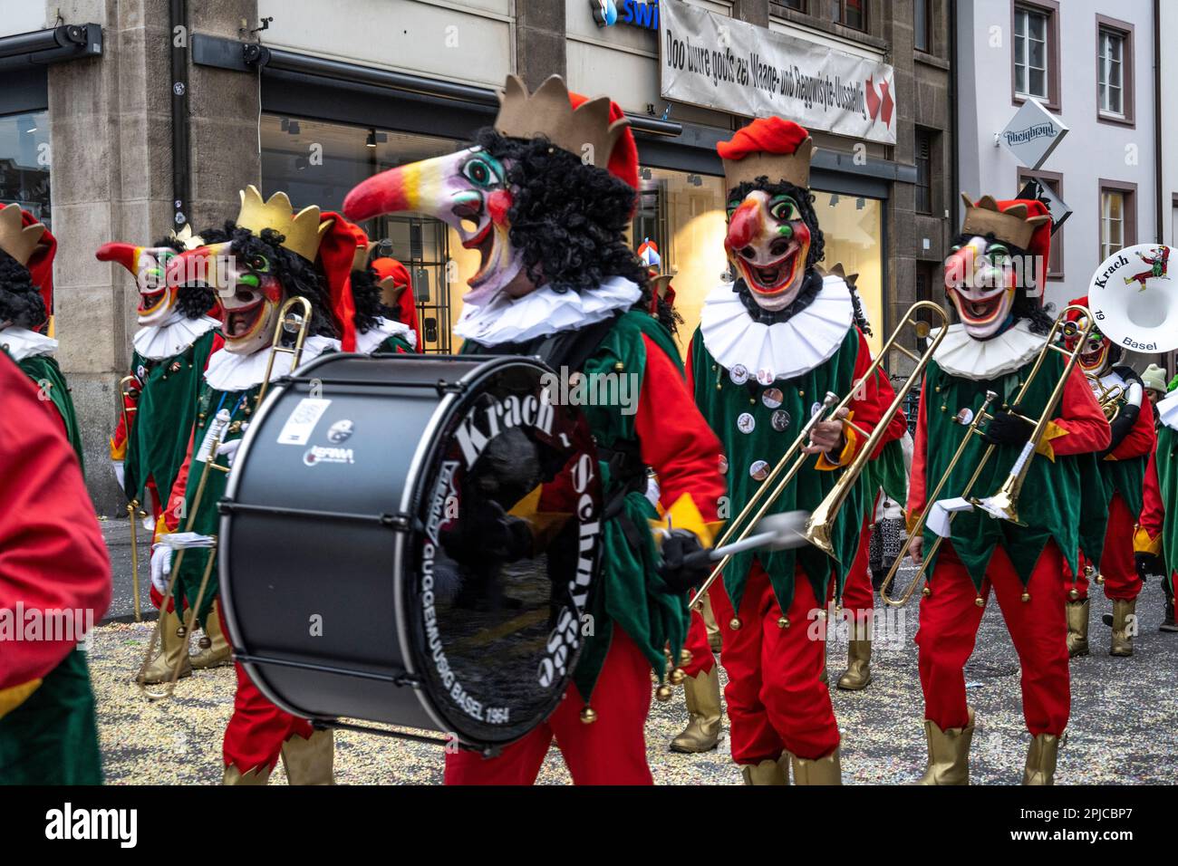Jester brass band at the Basel Switzerland Carnival or Fasnacht parade ...