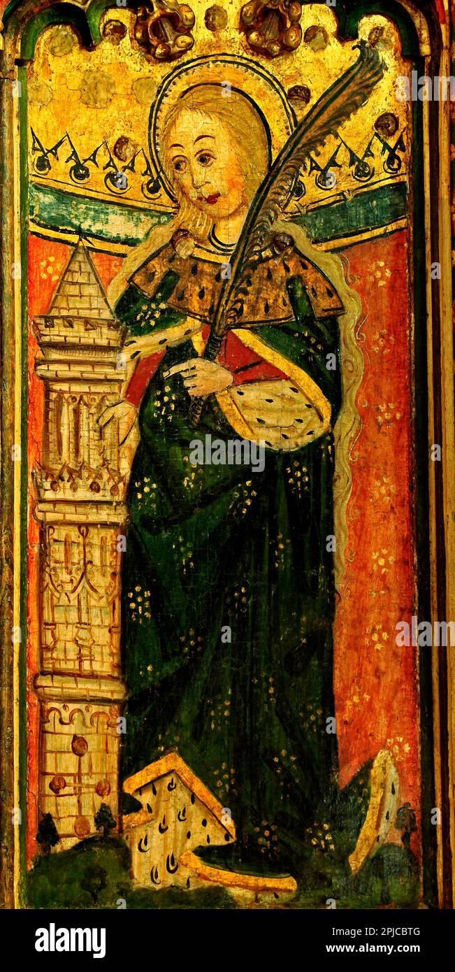 Eye, Suffolk, Rood Screen painting 1480, St. Barbara, with tower and ...