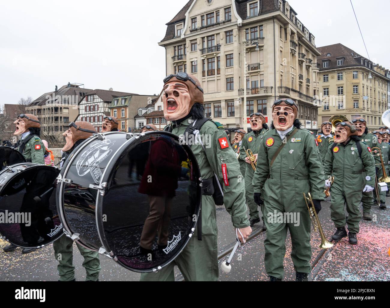 Airmen costumes at the Basel Switzerland Carnival or Fasnacht parade ...