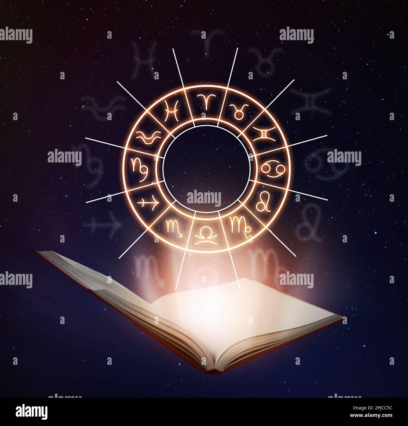 Open book, illustration of zodiac wheel with astrological signs and ...