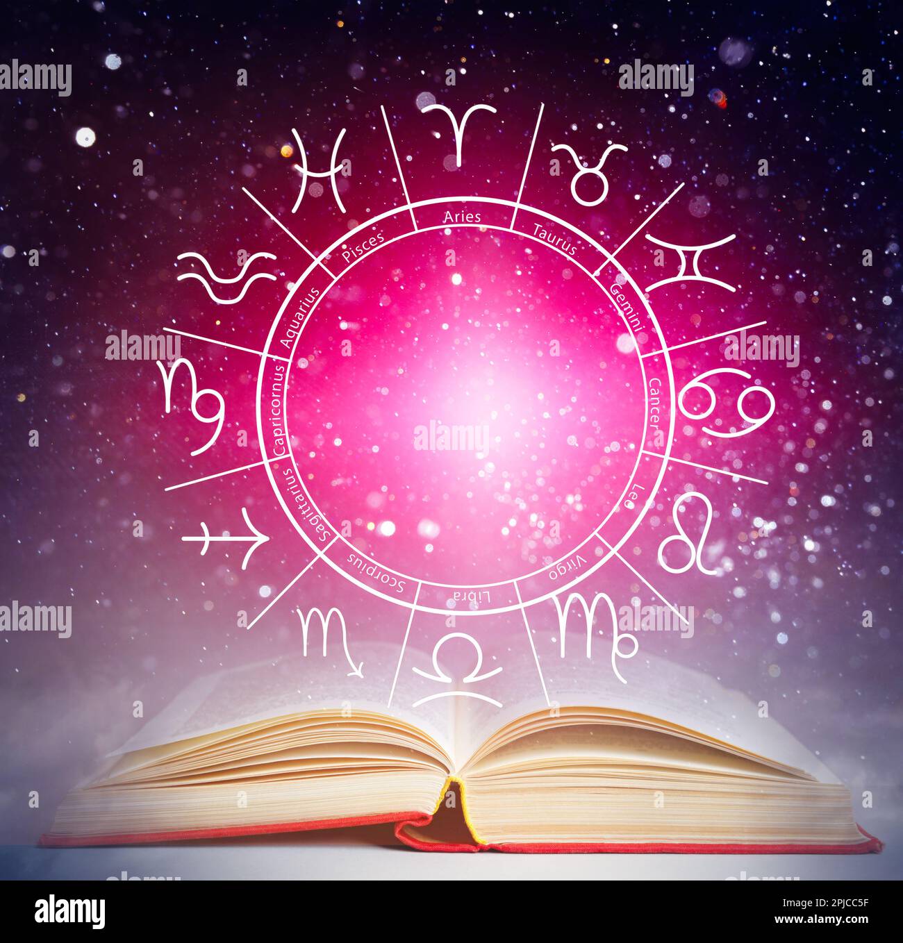Open book, illustration of zodiac wheel with astrological signs and ...