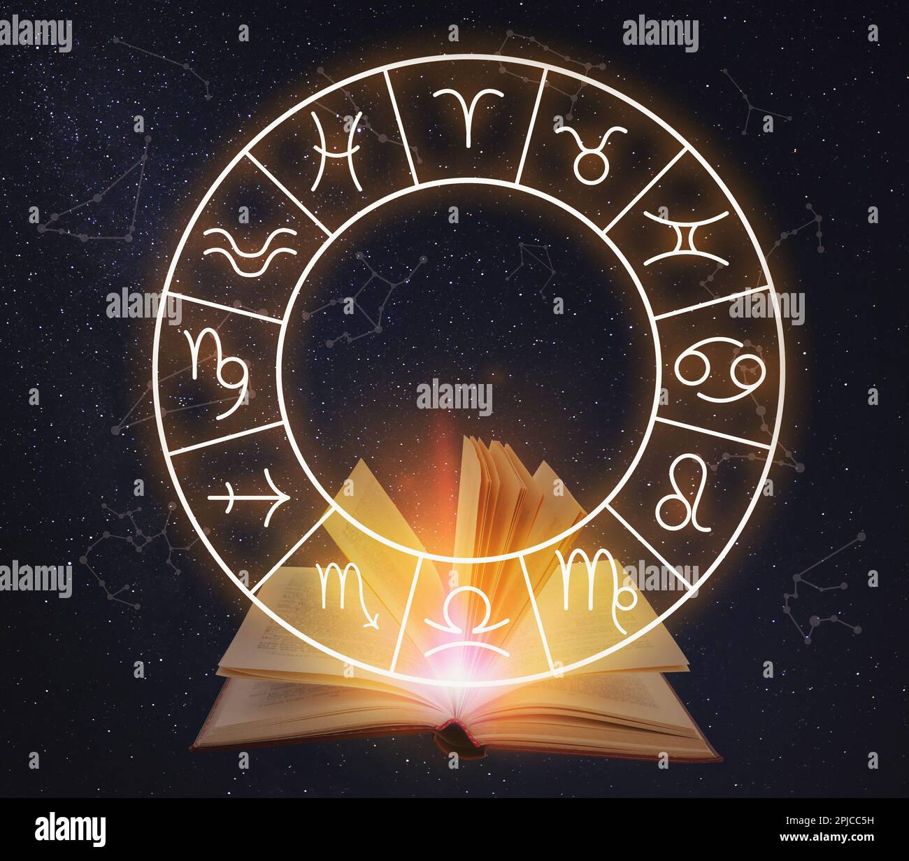 Open book, illustration of zodiac wheel with astrological signs and ...