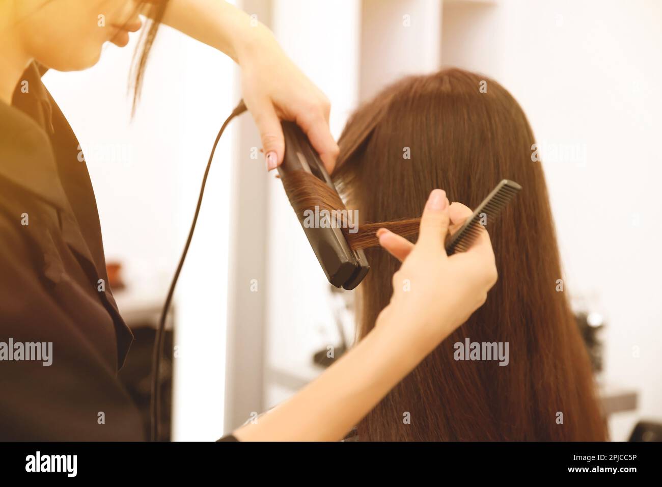 Professional female hairdresser working with client in salon Stock ...