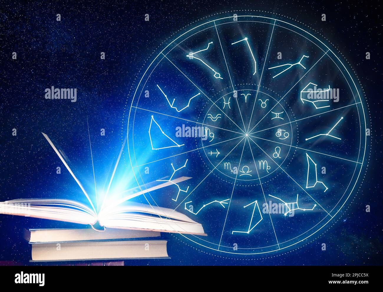 Books, illustration of zodiac wheel with astrological signs and starry ...