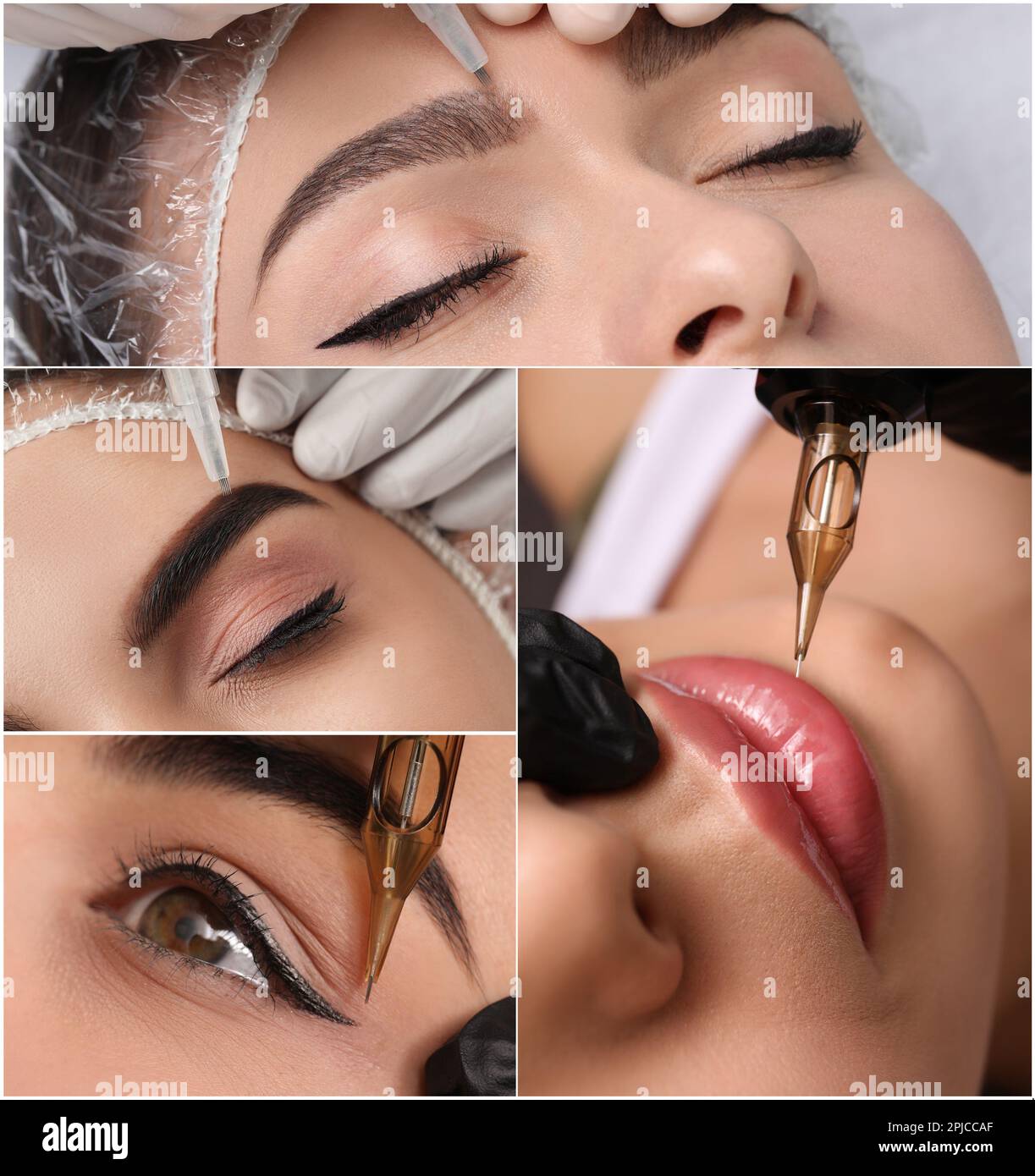 Collage with different photos of women undergoing permanent makeup ...