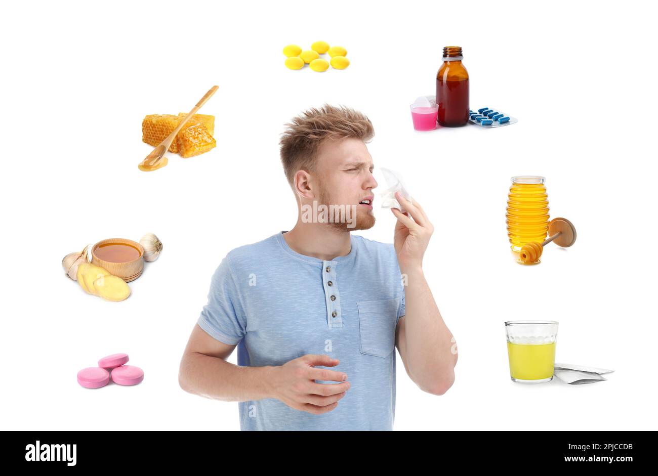 SIck man surrounded by different drugs and products for illness ...