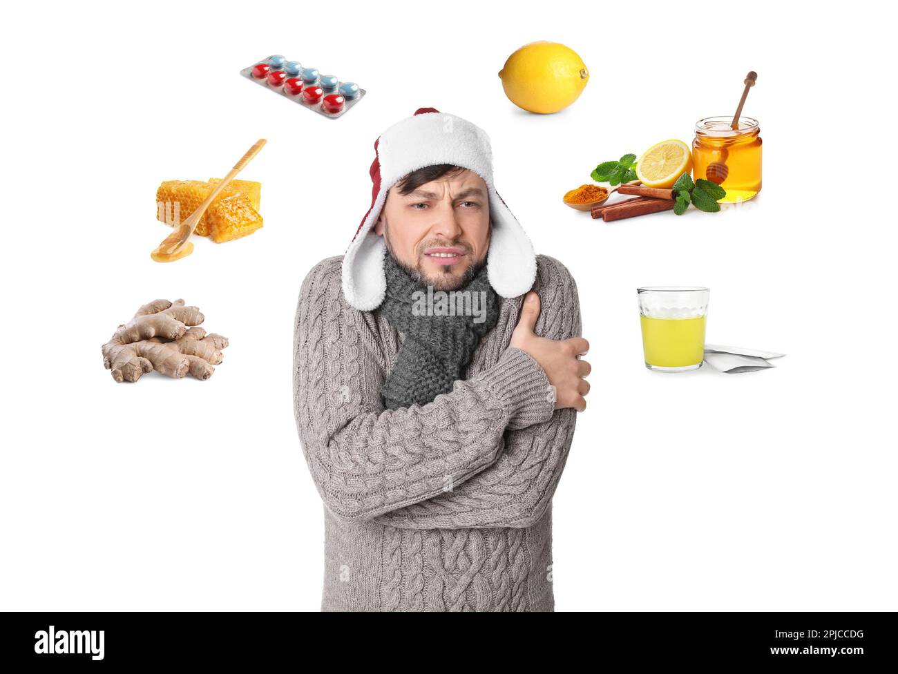 SIck man surrounded by different drugs and products for illness ...