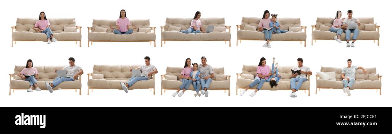 Collage with photos of people sitting on stylish sofas against white ...
