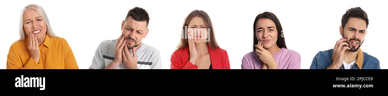 Collage with photos of people suffering from toothache on white ...