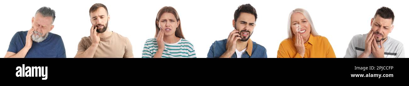 Collage with photos of people suffering from toothache on white ...