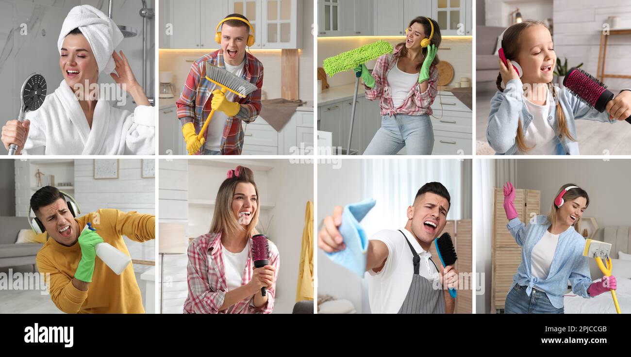 Collage with photos of funny people singing at home. Banner design ...