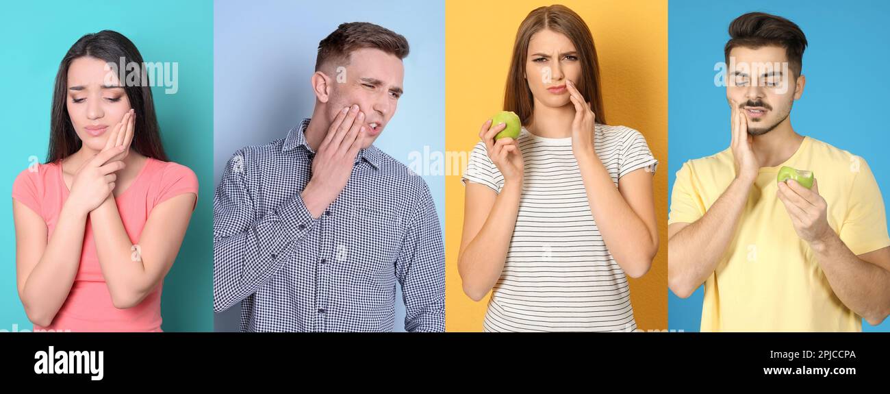 Collage with photos of people suffering from toothache on different ...