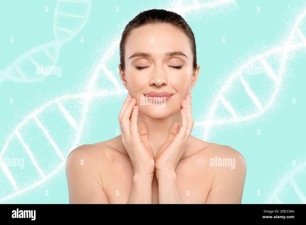 Beautiful young woman against light turquoise background with ...