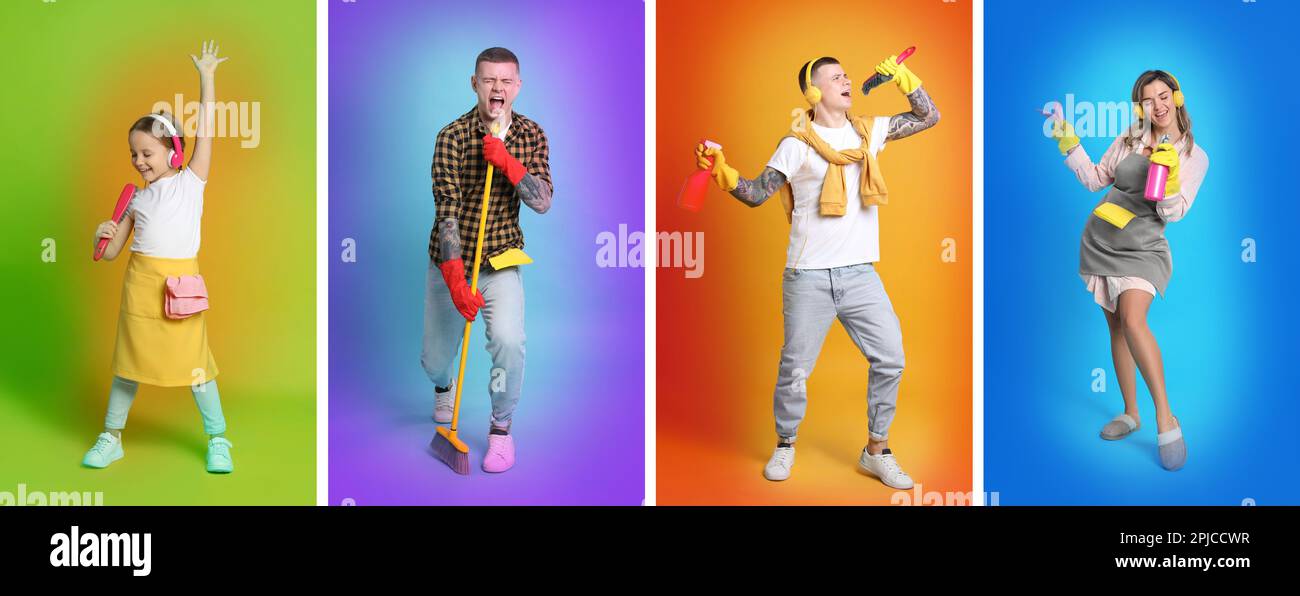 Collage with photos of funny people singing on different color ...