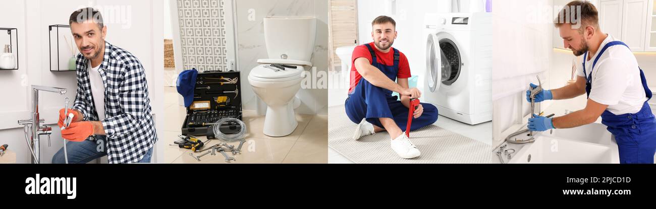 Collage with photos of professional plumbers and their tools, banner ...