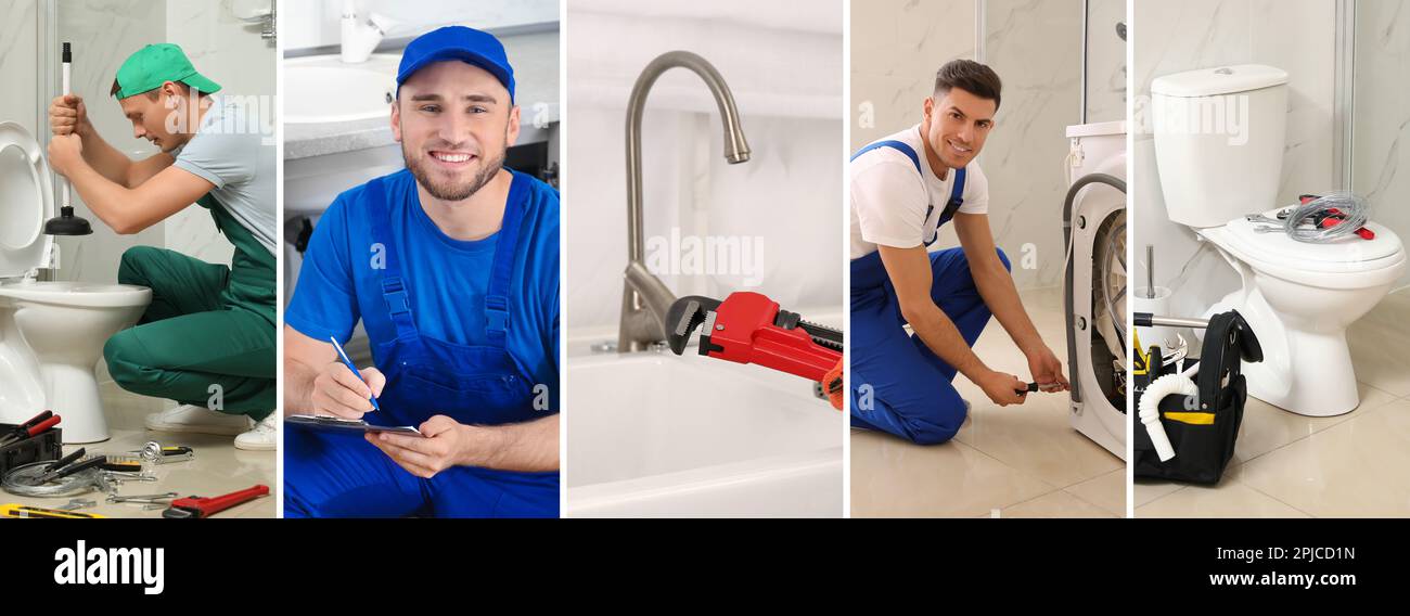 Collage with photos of professional plumbers and their tools, banner ...