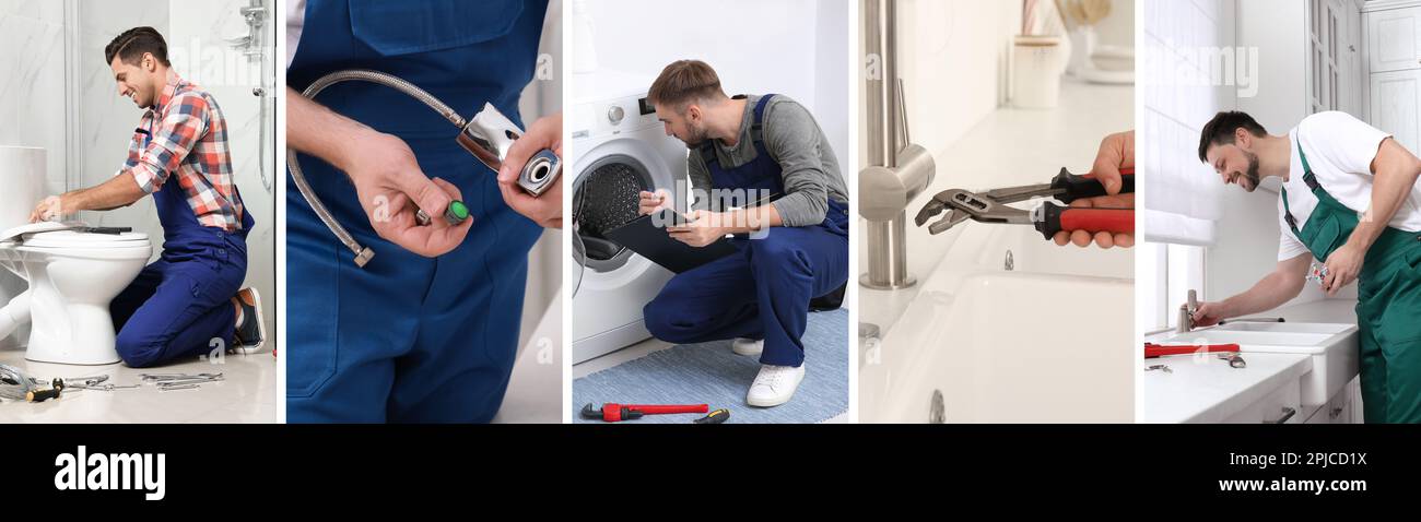 Collage with photos of professional plumbers and their tools, banner ...