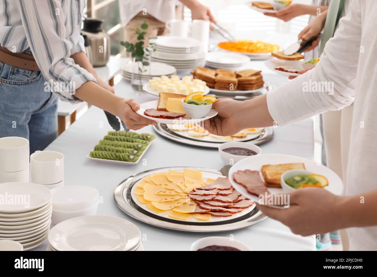 People taking food during breakfast, closeup. Buffet service Stock ...