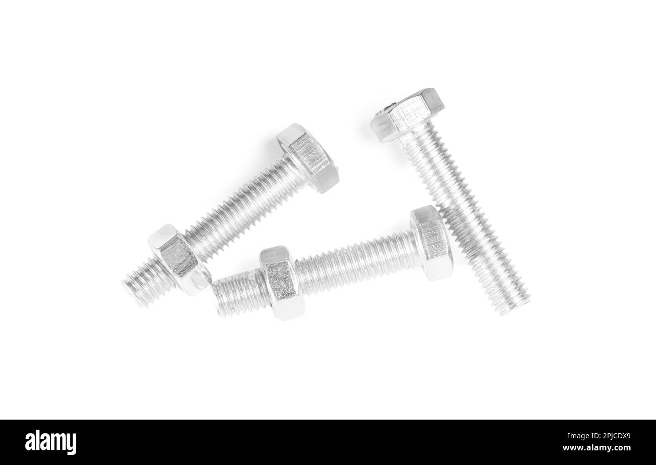 Metal bolts with hex nuts on white background, top view Stock Photo - Alamy