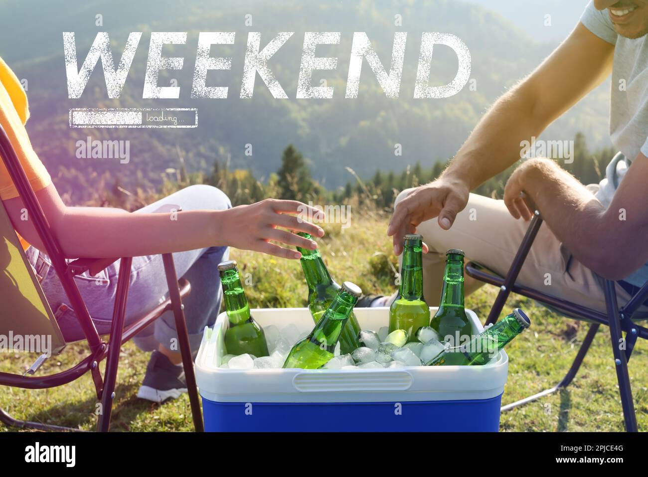 Weekend coming soon. Illustration of progress bar and couple resting in ...