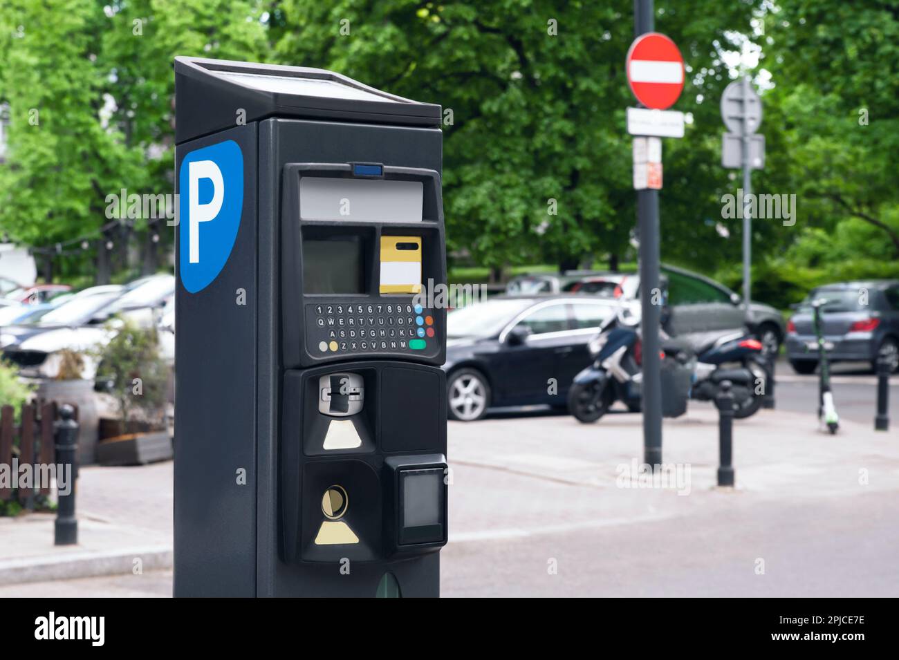 Parking meter on city street, space for text. Modern device Stock Photo ...