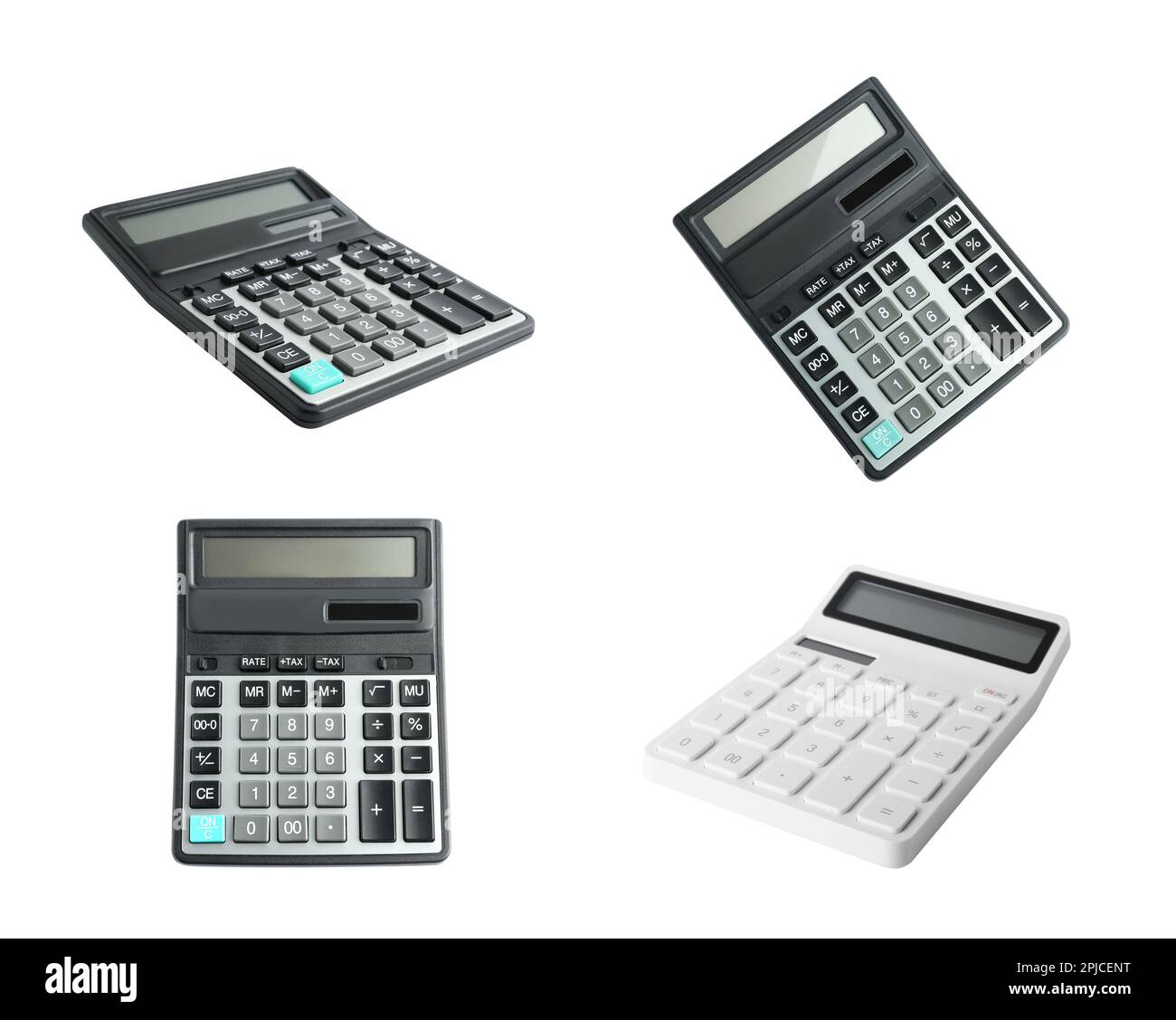 Set of different calculators on white background Stock Photo - Alamy