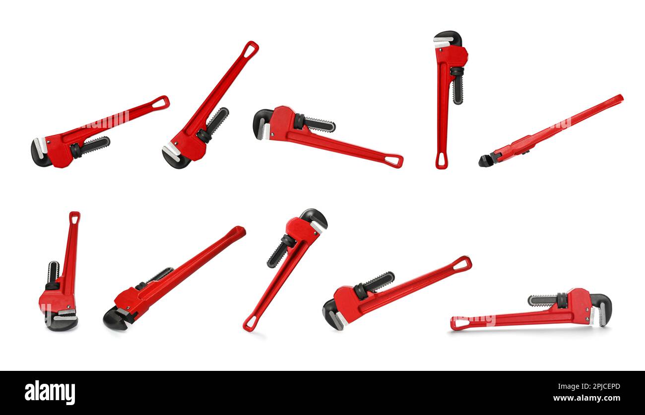 Pipe wrench on white background, collage with views from different ...