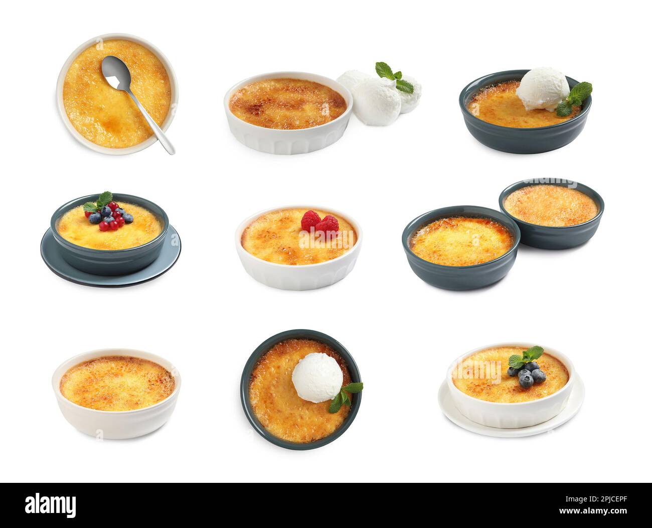 Set with delicious creme brulee on white background Stock Photo - Alamy