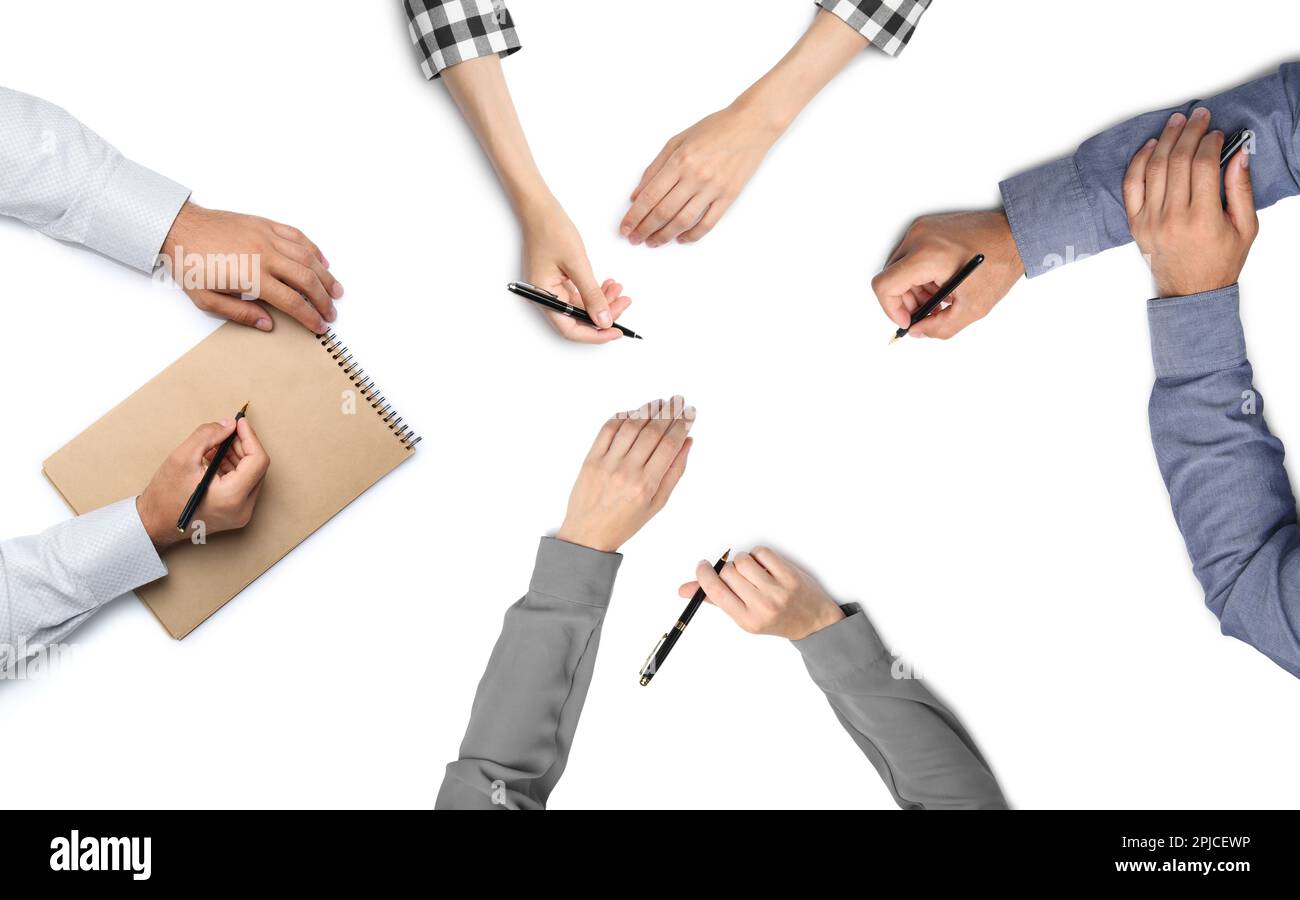 Collage with photos of people holding pens and notepad on white ...