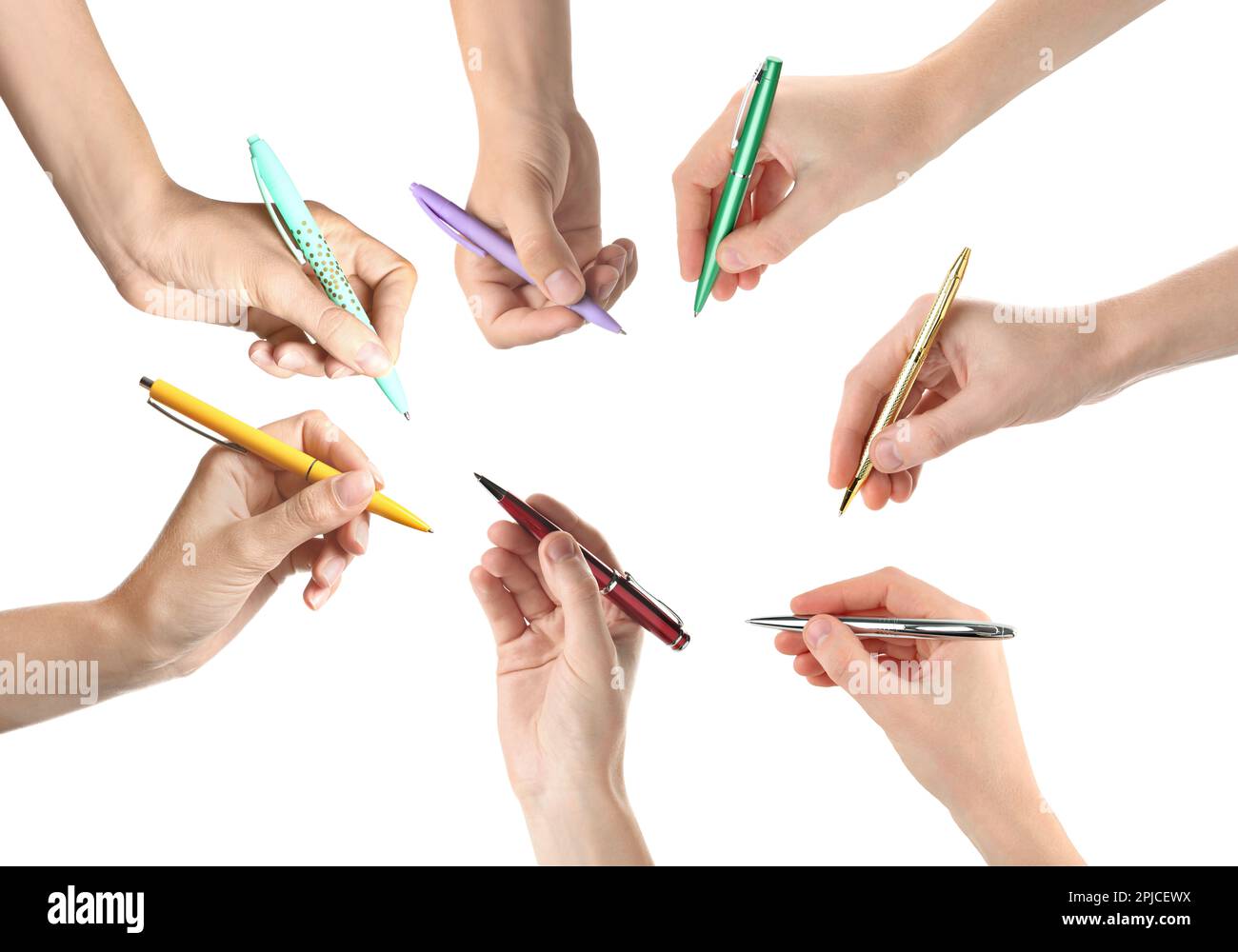 Collage with photos of people holding pens on white background Stock ...