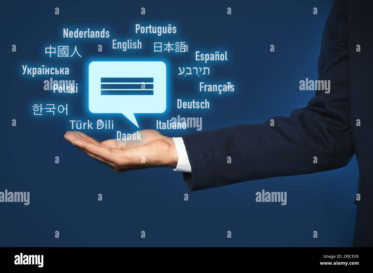 Translator and names of different languages on dark blue background ...