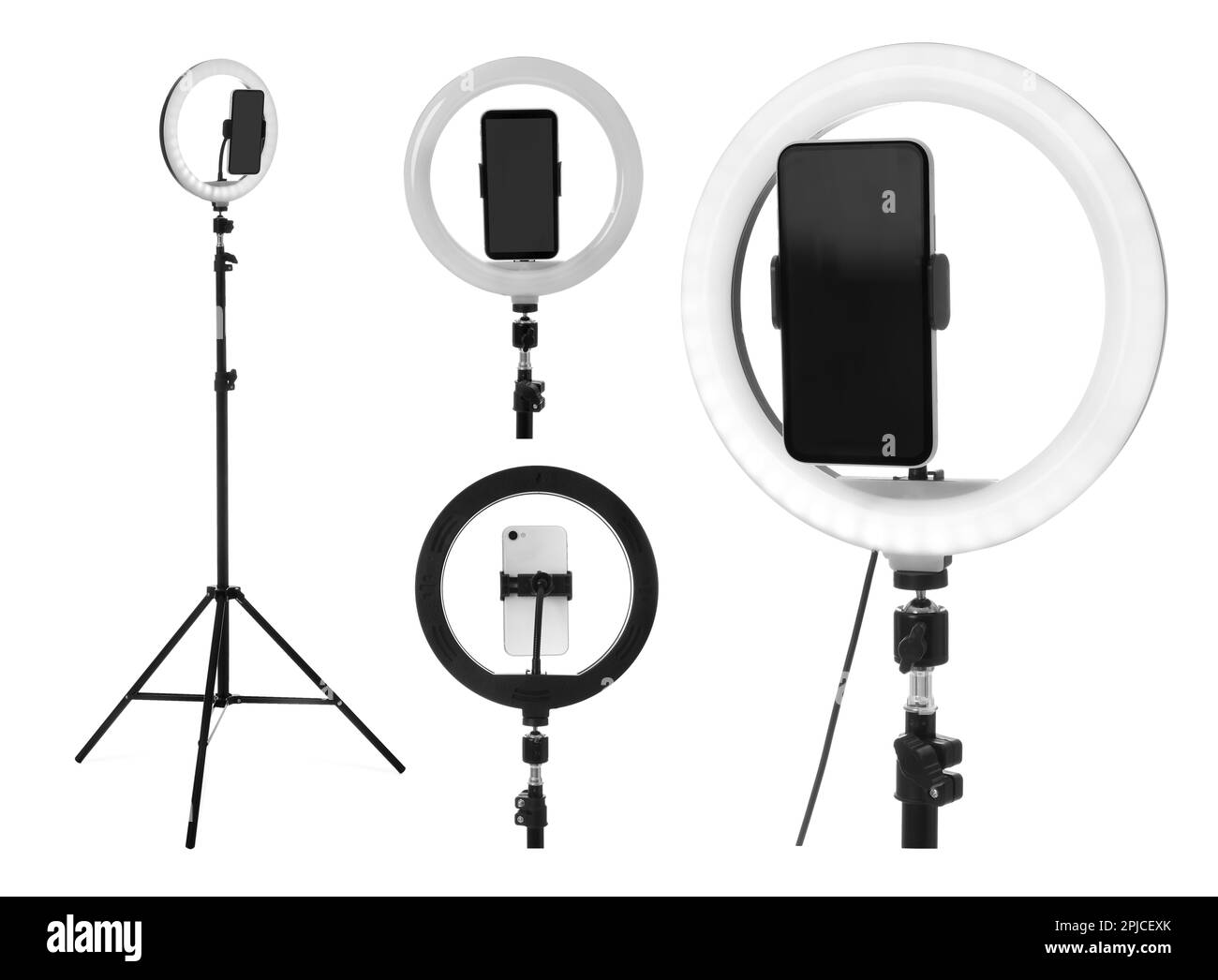 Set of ring lights with smartphones on white background Stock Photo - Alamy