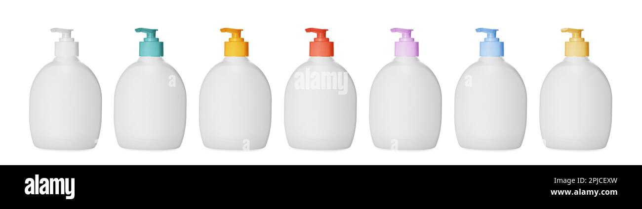 Set with bottles of liquid soap on white background. Banner design ...