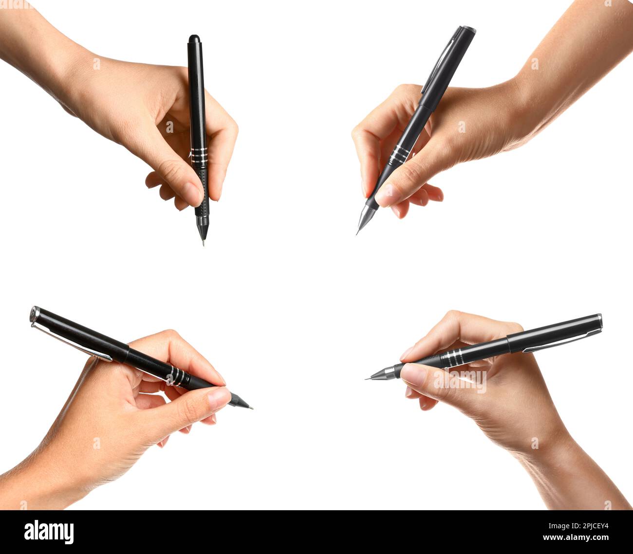Collage with photos of young women holding pens on white background ...