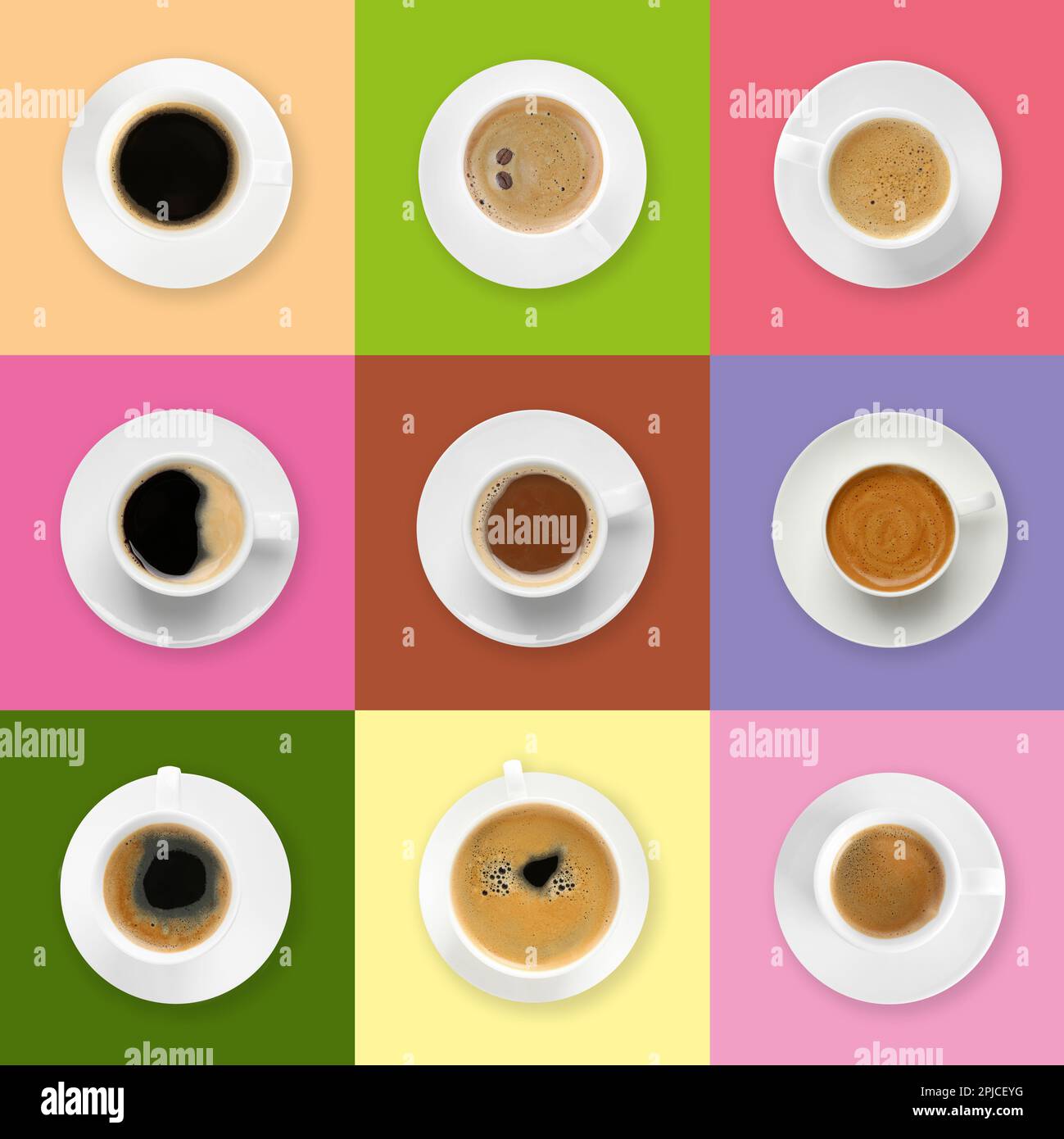 Cups of hot aromatic coffee on different color backgrounds, top view ...