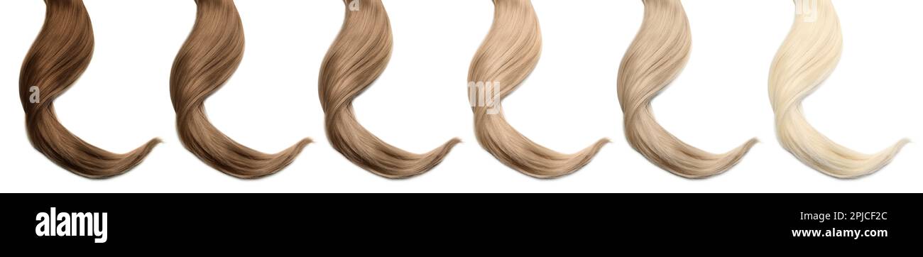 Strands of different beautiful hair on white background, top view ...