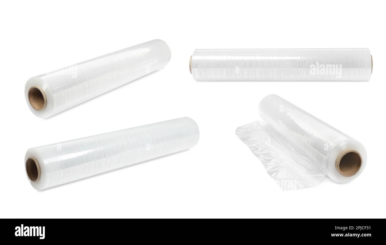 Set with transparent stretch wraps on white background Stock Photo - Alamy