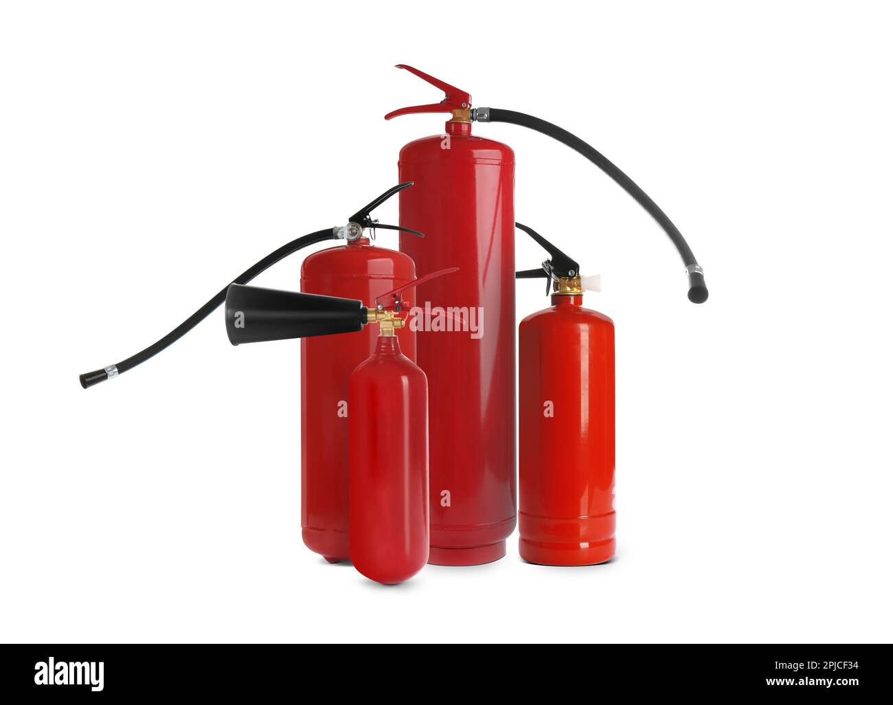 Group of different fire extinguishers on white background Stock Photo ...