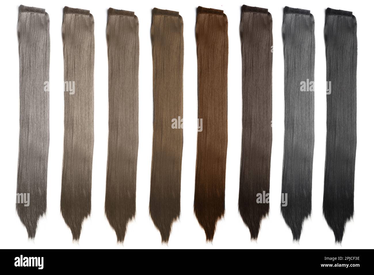 Strands of different beautiful hair on white background, top view Stock ...